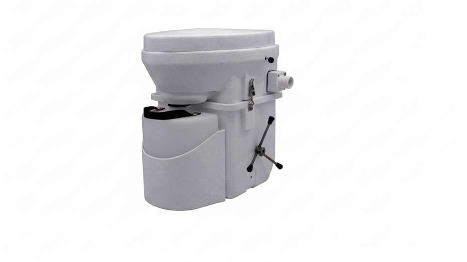 A modern self-contained composting toilet installed in a bright tiny ...