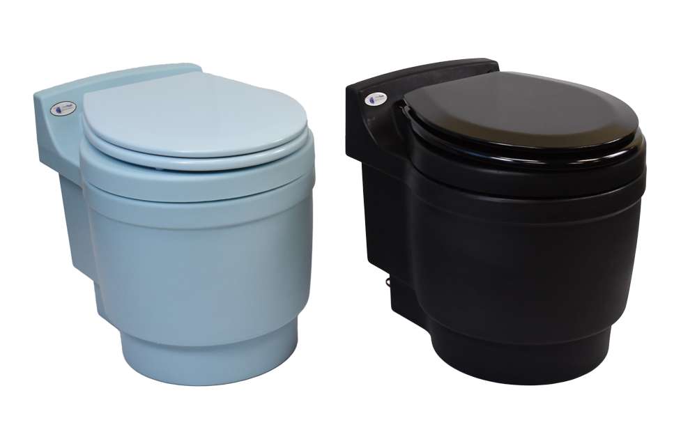 A modern self-contained composting toilet installed in a bright tiny ...